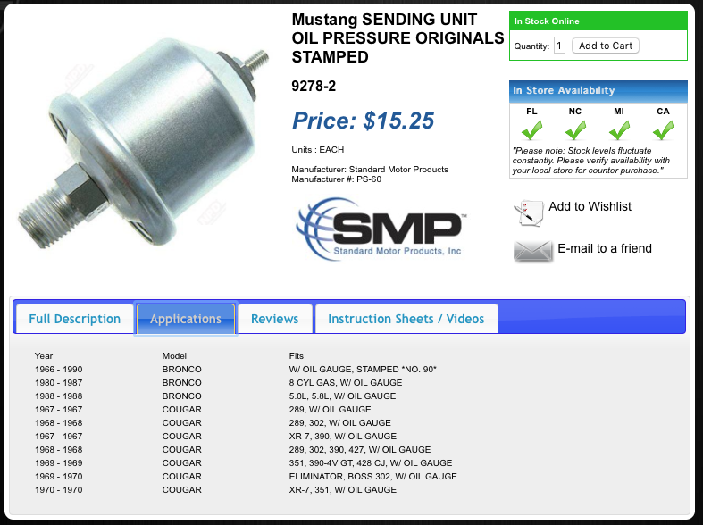 Oil Pressure Sending Unit | Vintage Mustang Forums